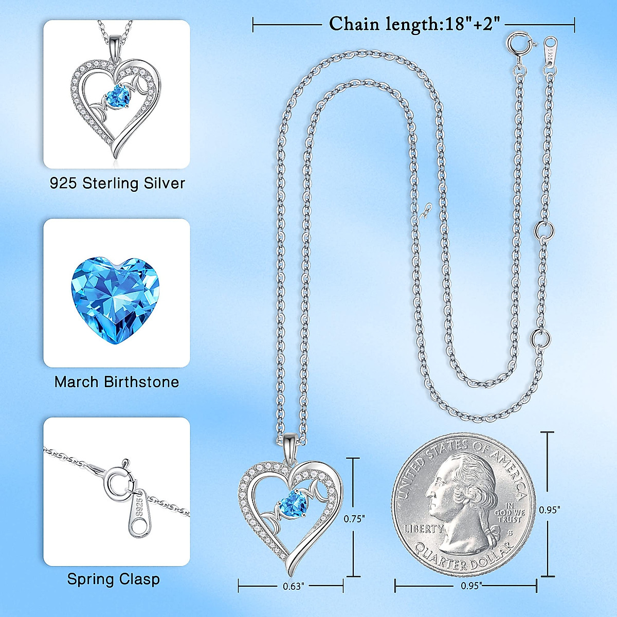 Mom Gifts Mom Birthday Necklace, Sterling Silver Mom Birthstone Jewelry Mom Mothers Valentines Day Gifts for Mom Christmas Birthday Gifts for Mom March Birthstone Blue Aquamarine Necklace Jewelry