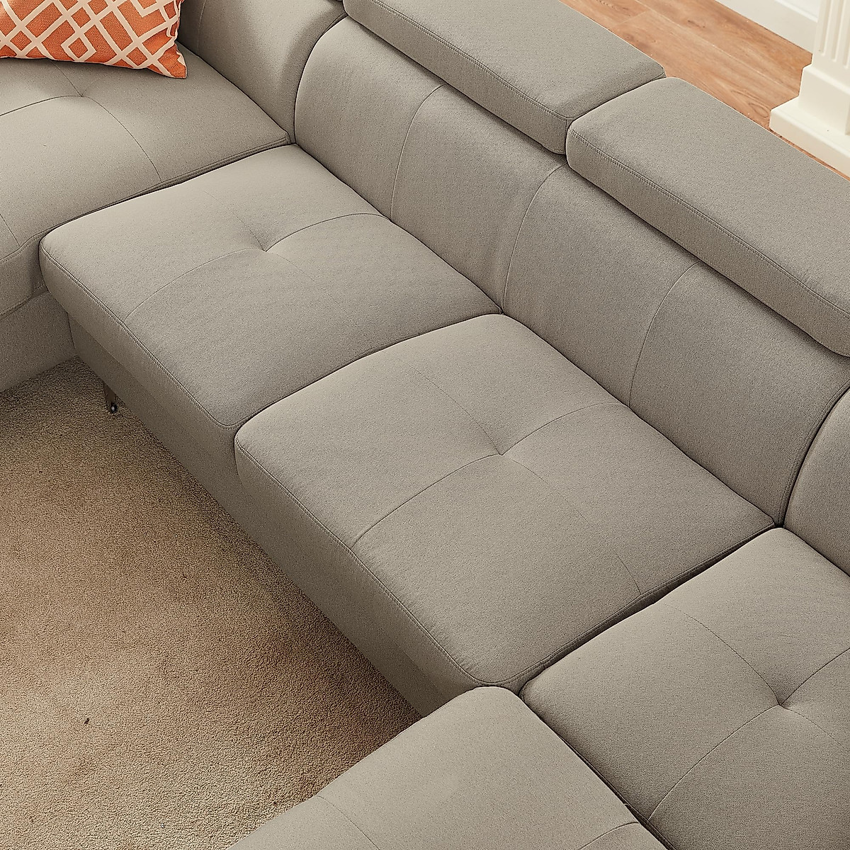 HAUSHECK 3 Piece Sofa U Shape Sectional Couches with Headrests Adjustment, Left Chaise with Storage, Linen Fabric, Living Room Furniture Set, 120" D x 94.5" W x 36.2" H, Smoke