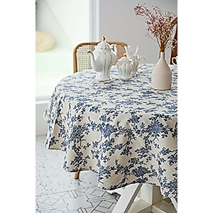 Pastoral Round Tablecloth - 60 Inch Dia. - Linen Fabric Table Cloth - Washable Table Cover with Dust-Proof Wrinkle Resistant for Restaurant, Picnic, Indoor and Outdoor Dining, Floral (Dark Blue)