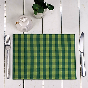 Urban Villa Green Checks Special 100% Cotton Fused Place Mats 14''x 20'' Over Sized Set of 6 Green Check Plaid Every Day Use Heavier Quality