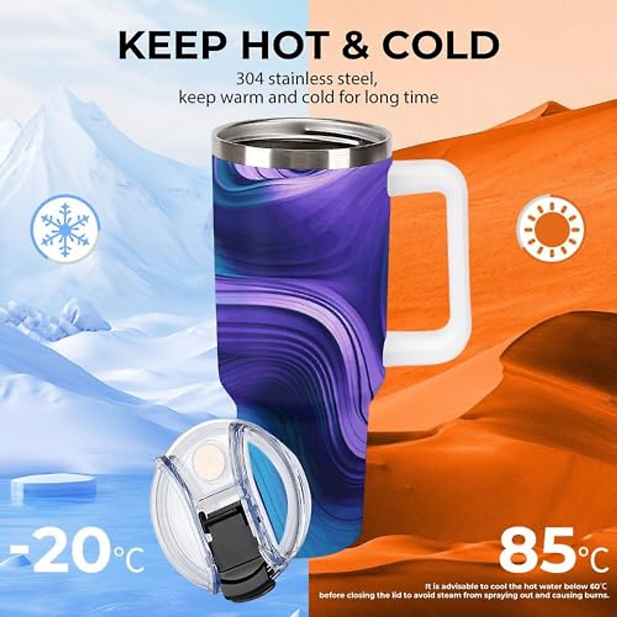 LLUTSNTH 40 Oz Vacuum Tumbler with White Handle Leakproof Insulated Tumbler Wavy Purple Stainless Steel Travel Mug with Lid And Straw Coffee Cup Cute Water Bottles Cup Holder Friendly