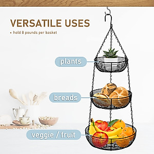 CAXXA 3-Tier Hanging Basket Fruit Organizer Kitchen Heavy Duty Wire Organizer with 2 Free Bonus Metal Ceiling Hooks, Black