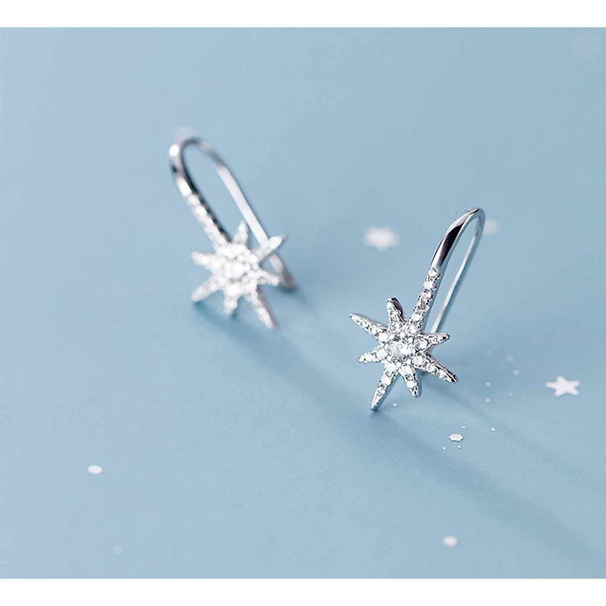 SLUYNZ Sparkling Star Drop Earrings for Women 925 Sterling Silver CZ Star Hook Earrings (A-Silver)