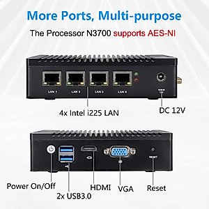 VNOPN Micro Firewall Appliance Intel N3700 Quad Core, Fanless Mini PC 4 Intel 2.5GbE i225 LAN Ports 8GB RAM DDR3 128GB mSATA SSD, Network Gateway Soft Router PC, Support AES NI/WiFi