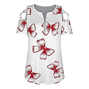 wodceeke Women's Short-Sleeve Off-Shoulder T-Shirt Floral Plus Size Zipper Round Neck Tee Summer Casual Tops (Pink, XL)