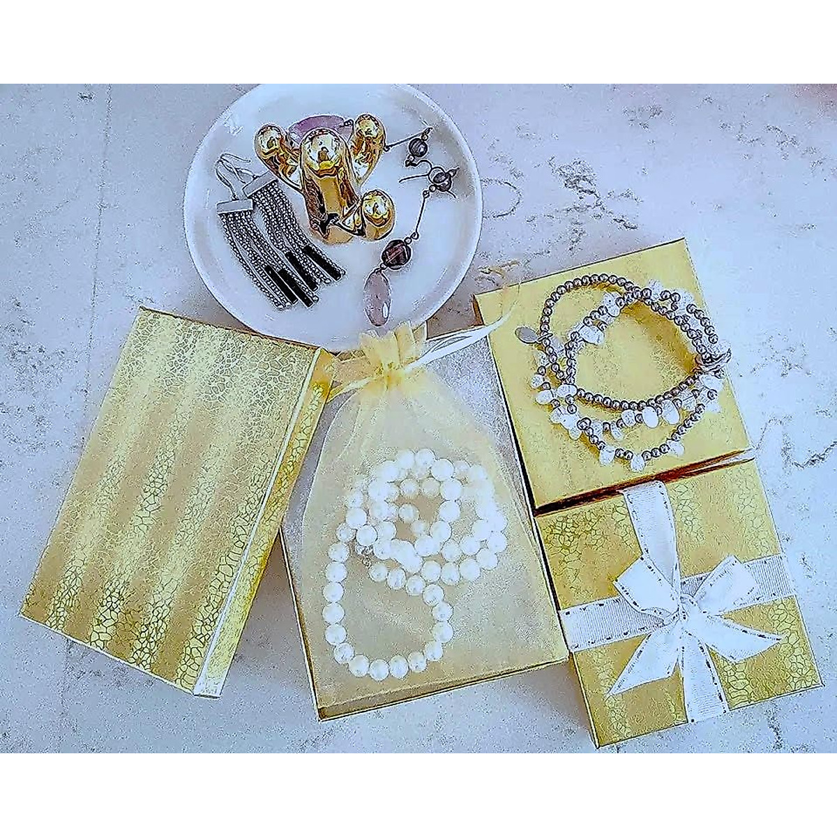 10 Pack Gold Foil Cotton Filled Color Paper Jewelry Packaging Box for Necklace, Bracelets, Watches, Jewelry Sets and Retail Display Boxes Sizes 5.25" X 3.75" X 1" Inch