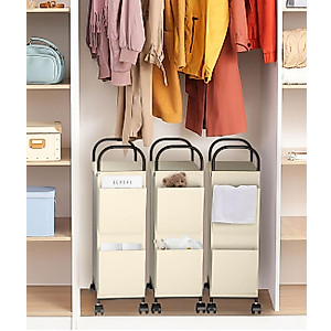 Luxspire 75L Slim Laundry Hamper with Wheels, Rolling Laundry Basket with Lid, Removable Clothes Hamper with Metal Frame, Narrow Laundry Hamper for Dorm, Bedroom, Nursery, Closet, Small, Beige