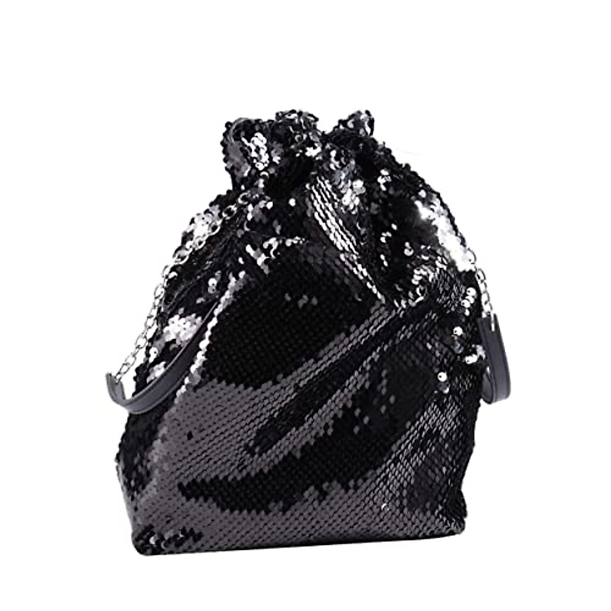 VALICLUD 2pcs Single Shoulder Evening Girls Fashion Handbag - Girl Sequined Bucket Tote Women Clutch Sequins Purse Glitter Sequences with for Draw Strap Chain Messenger Black Sequin Bag