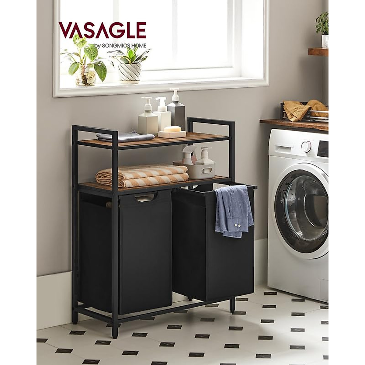VASAGLE Laundry Hamper, Laundry Basket, Laundry Sorter with 2 Pull-Out and Removable Bags, 2 Shelves, 12.1 Gal (46L) Capacity per Bag, for Laundry Room, Rustic Brown and Black UBLH211B01