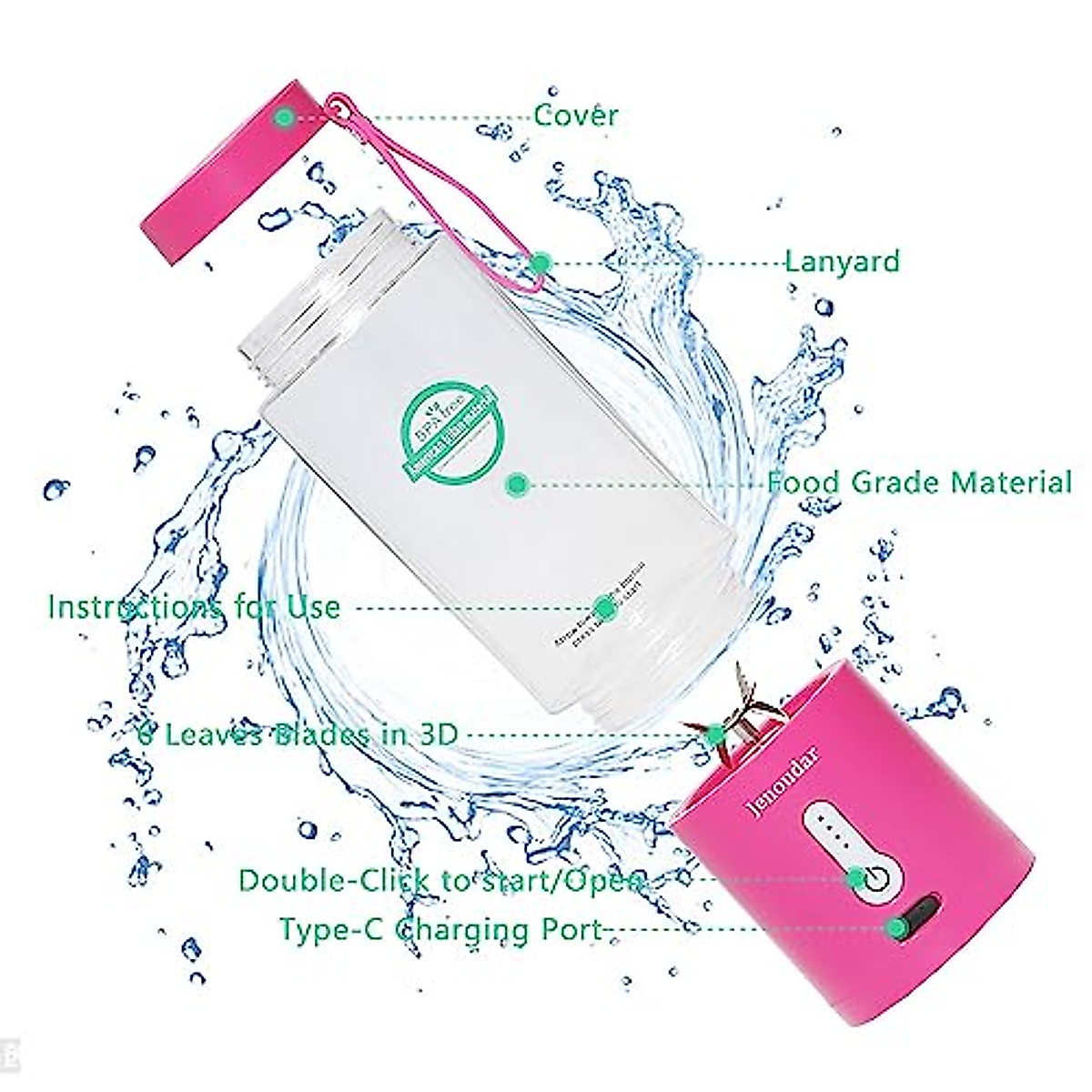 Jenoudar 18 Oz Portable Blender, Personal USB Rechargeable Blender,Personal Size Mini Blender for Shakes Smoothies, Juicer Cup with 6 Blades for Travel Sports Home,BPA free Easy to Clean