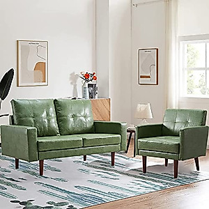 PEIHONGET Faux Leather Sofa Couch, Mid Century Modern Sofas for Living Room with High-Density Foam, Loveseat Sofa Furniture with Solid Wood Legs & Padded Cushions for Bedroom, Apartment (Green)