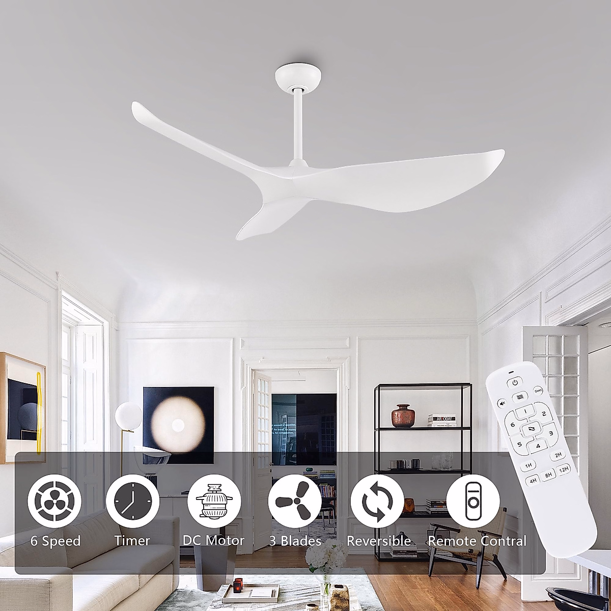 LEDLUX 52" Ceiling Fan no Light, 6 Speed Remote Control, Noiseless Reversible DC Motor, Modern 3 ABS Blades Ceiling Fan with 4.5"/12" Downrods for Bedroom/Living Room/Kitchen White