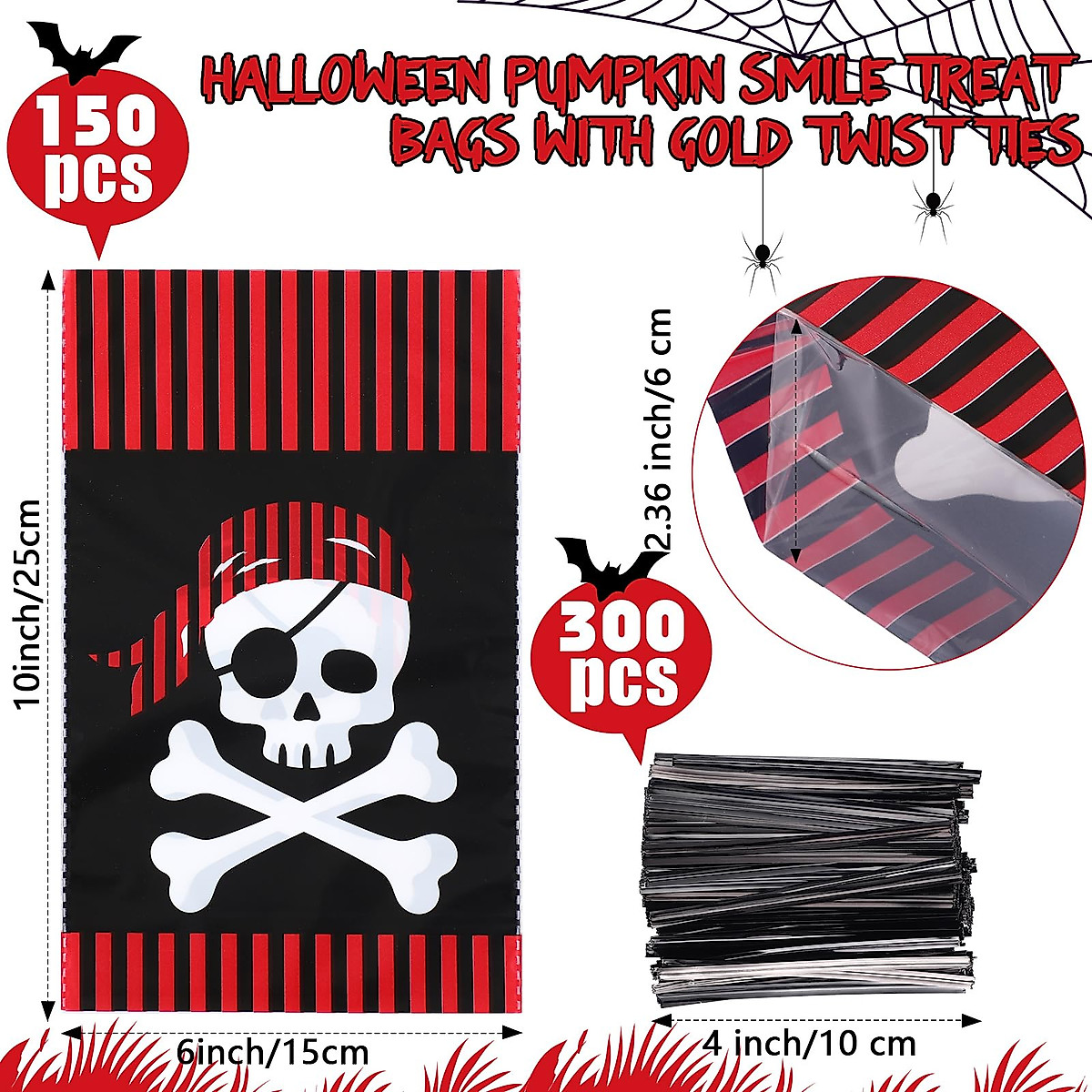 Outus 150 Pcs Halloween Cellophane Treat Bags Halloween Cellophane Bag Block Bottom Halloween Candy Bags with 300 Pcs Twist Ties for Snacks Cookies Halloween Party Favor Supplies (Skeleton)