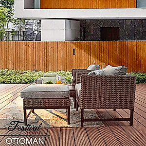 Festival Depot Patio Ottoman Square Wicker Footstool with Cushion for Foot Rest in Metal Frame All Weather Outdoor Furniture for Garden Yard Lawn