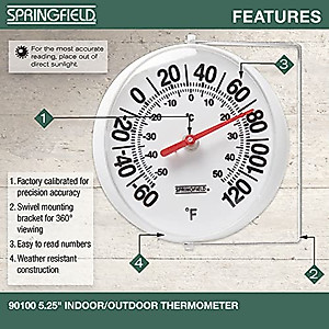 Springfield Big and Bold Thermometer with Mounting Bracket, Indoor Outdoor Thermometer with Large Numbers for Patio, Pool, and Indoor Areas, White