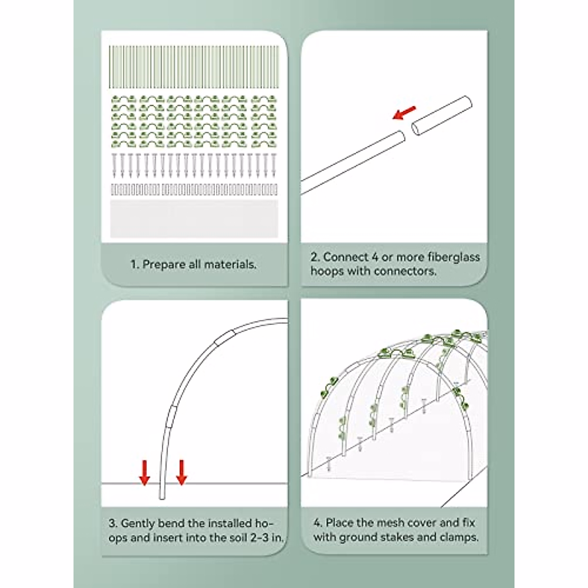 50Pcs 17in Greenhouse Hoops Kit with 9.8 x 29.5 ft Plant Cover Netting, Detachable Fiberglass Grow Tunnel Frame for DIY Plant Support Indoor Outdoor Garden Raised Bed