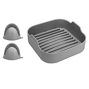 Reusable Silicone Air Fryer Pot Basket, 8" Square + Mitts Kitchen and Oven Accessories, Easy Cleaning, Heat Resistant, Eco-Friendly, Dishwasher Safe