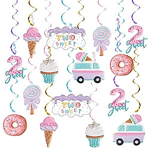 20Pcs Ice Cream Two Sweet 2nd Birthday Party Supplies, Ice Cream and Donut Party Hanging Swirl Decorations, Summer Ice Cream Party Hanging Streamer for Ice Cream Baby Second Birthday Donut Theme Party