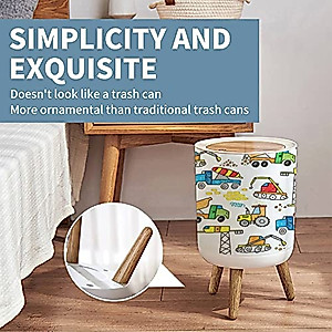 Press Cover Round Trash Bin with Legs Cool Construction Excavator Crane Bulldozer Truck Boys Hand Drawn Push Top Trash Can with Lid Dog Proof Garbage Can Wastebasket for Living Room 7L/1.8 Gallon