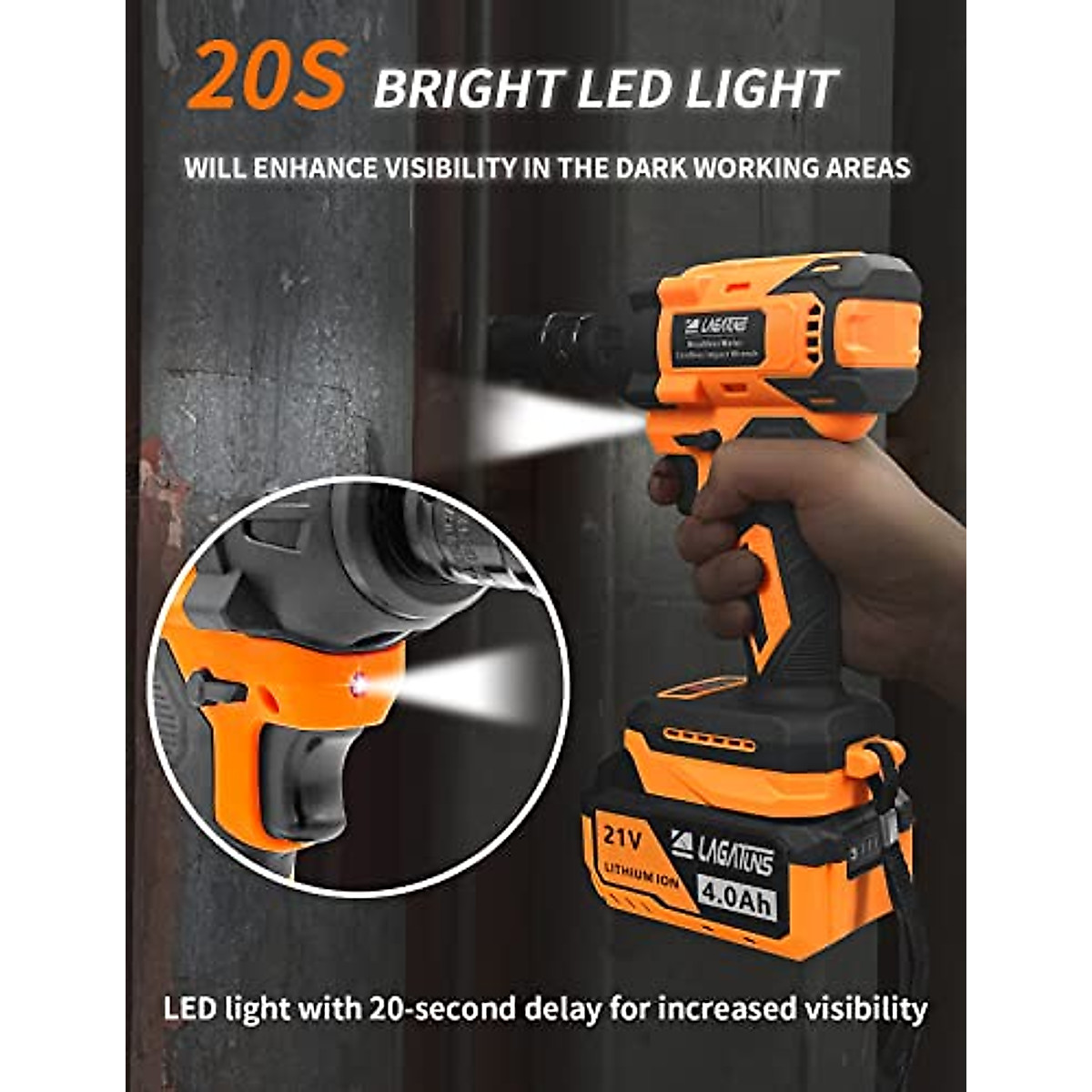 Cordless Impact Wrench,450NM(332ft·lbs) High Torque ，Brushless Motor，1/2 inch impact gun with a 4.0Ah Li-Ion Battery, Suitable for family cars…