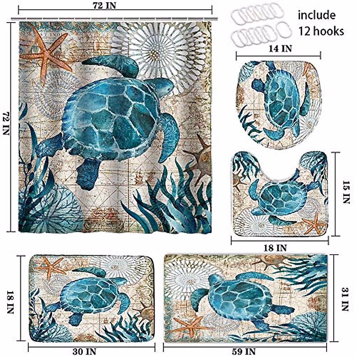 Nautical 5 Pcs Sea Turtle Shower Curtain Set with Rugs and Towels Include Non-Slip Rugs, Toilet Lid Cover and Bath Mat Ocean Waterproof Shower Curtain Sets with 12 Hooks