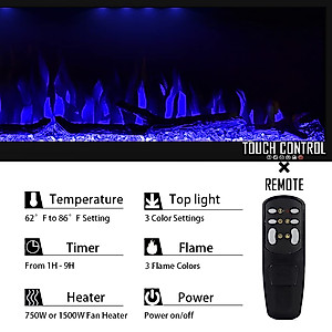 Masarflame Luxurious 74" Electric Fireplace, Wall Mounted&in Wall Recessed Fireplace Heater, Adjustable Flame Color & Top Light, Remote&Touch Control with Timer&Thermostat, Log & Crystal Set