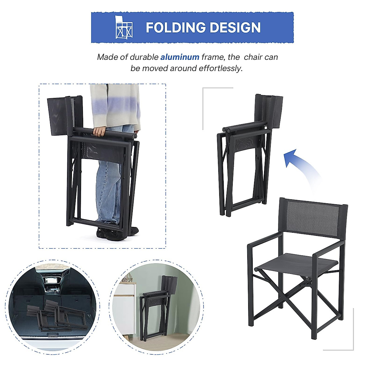 Soleil Jardin Outdoor Folding Director Chair Set of 2, Aluminum Portable Dining Chair Beach Chair for Camping Picnic Garden, Dark Grey Frame