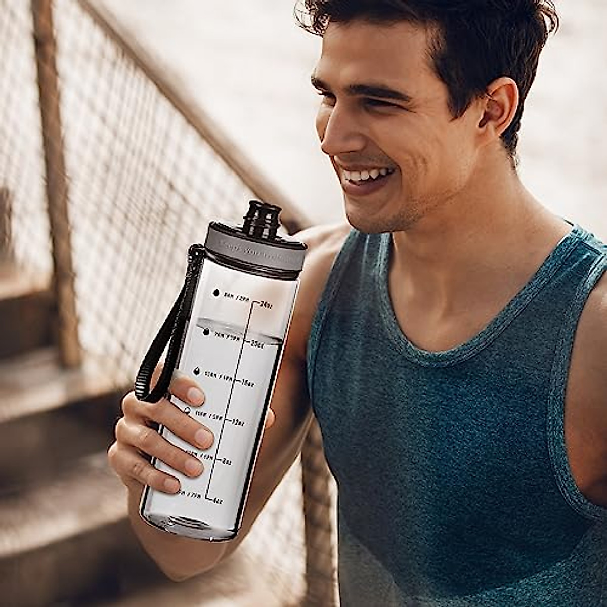 Doseno Reusable Water Bottle, Water Bottle with Time Marker, Plastic Water Bottles with Strap, Gym Water Bottles for Men, 28OZ Clear Water Bottles, Black