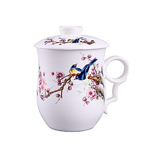 CYXChenyu Ceramic Tea Mug with Lid, Anti-scalding Handle Design Ceramic Coffee Mug or Tea Cup Milk Tea Drink Porcelain Cup, Great for Tea Lover Gift (Magpie)