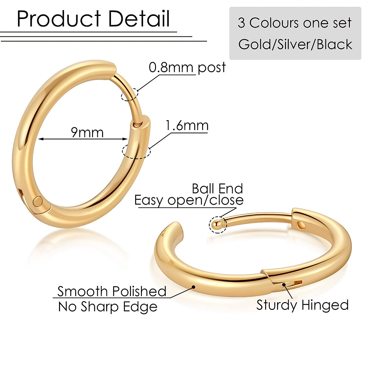 Hypoallergenic Small Hoop Earrings for Women Men Huggie Tiny Hoop Earrings Sets for Cartilage Tragus Titanium Surgical Steel Gold Silver Black Color 20G 9mm Inside Diameter