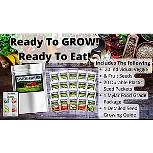 20 Vegetable & Fruit Seeds for Planting Your Outdoor & Indoor Home Seed Garden, Survival Gear Kit Includes 2900 Seeds, A Growing Guide & Mylar Package Gardening Heirloom Non-GMO Veggie Seed B&KM Farm