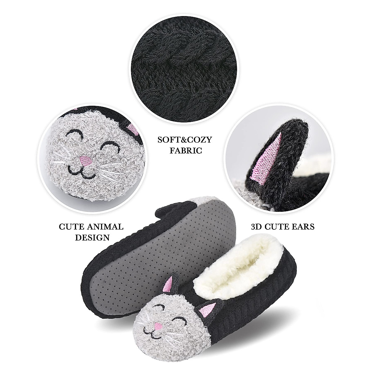 DICUIRD Womens Cozy&Warm Animal Slipper Socks with Grippers-House Socks(Black Cat, 8-10)