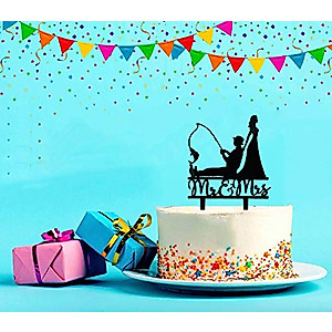 YzYbuaego Black Fishing Wedding Cake Topper, Mr & Mrs Wedding Cake Topper, Fishing Theme Wedding/Engagement/Bridal Shower/Anniversary Cake Decoration