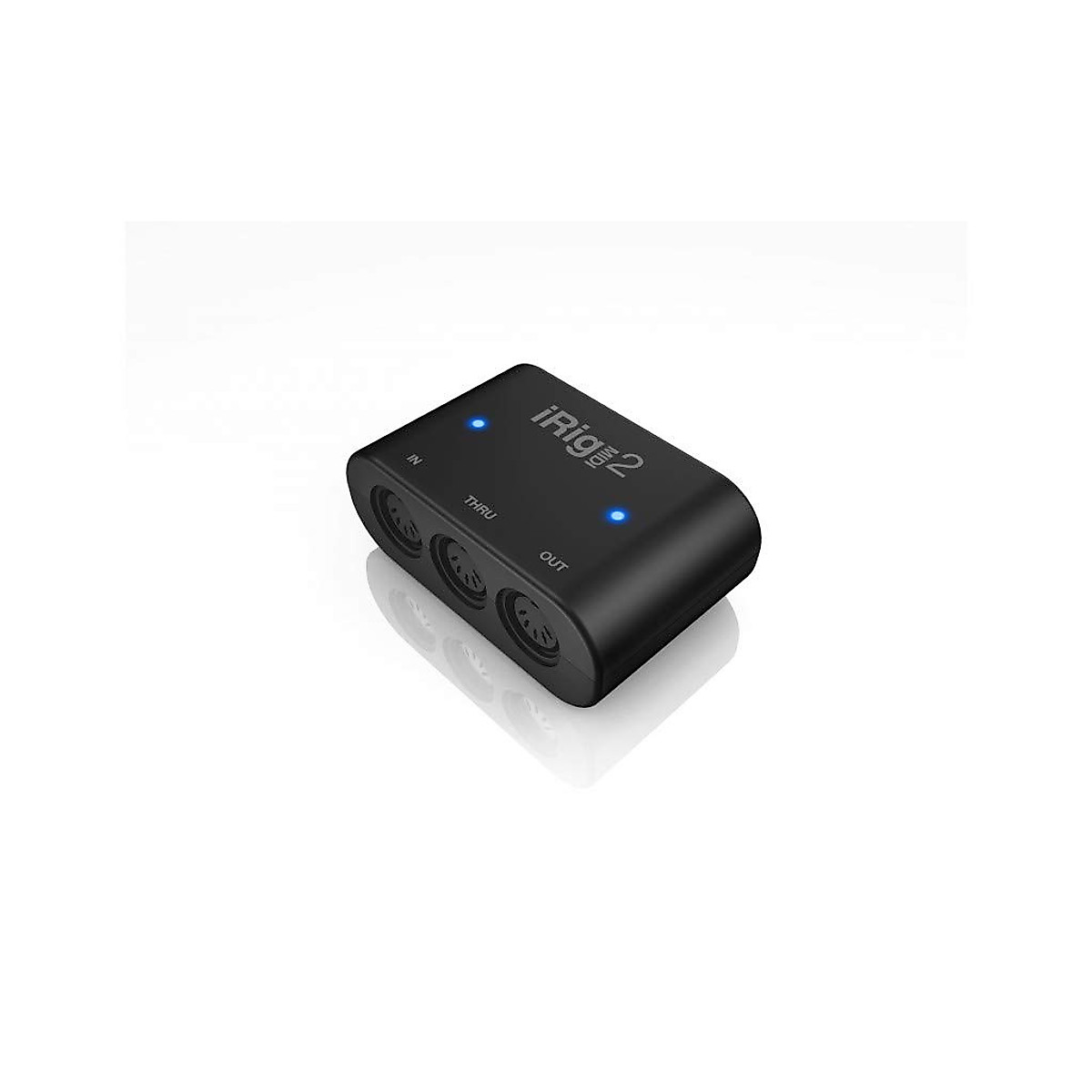 IK Multimedia iRig MIDI 2 universal MIDI interface with In, Out, and THRU ports, activity indicators for iPhone, iPad, Android, Mac, PC