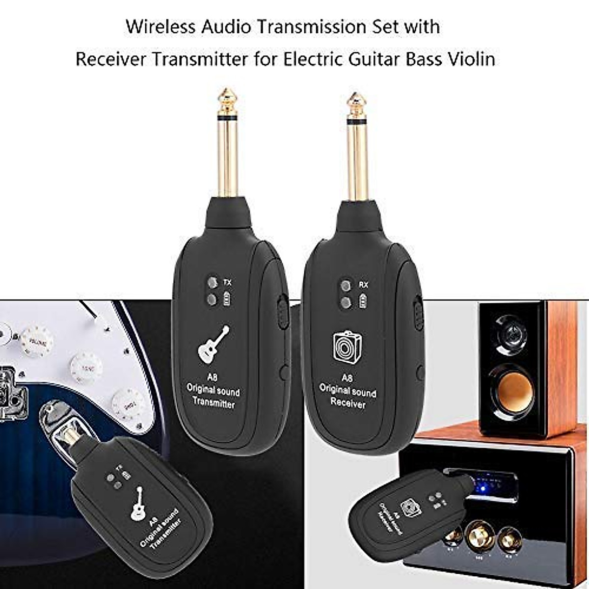 UHF Wireless Guitar System, Acogedor Guitar Transmitter Receiver, Built-in Rechargeable Battery, Wireless Audio Transmission Set for Electric Guitar Bass