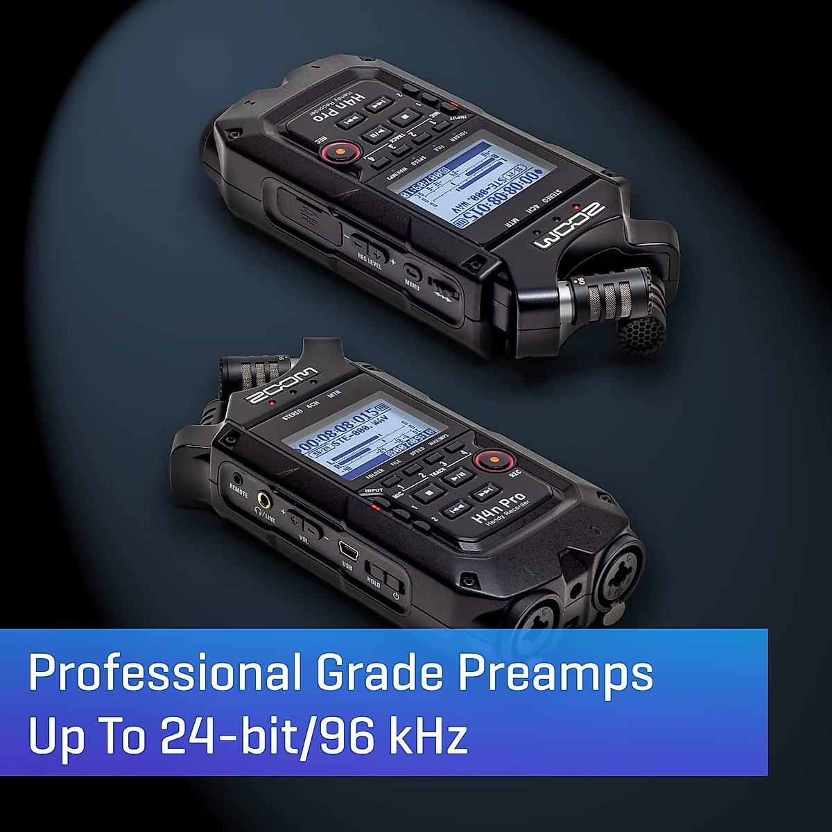 Zoom H4n Pro 4-Track Portable Recorder, All Black, Stereo Microphones, 2 XLR/ ¼“ Combo Inputs, Battery Powered, for Stereo/Multitrack Recording of Music, Audio for Video, and Podcasting