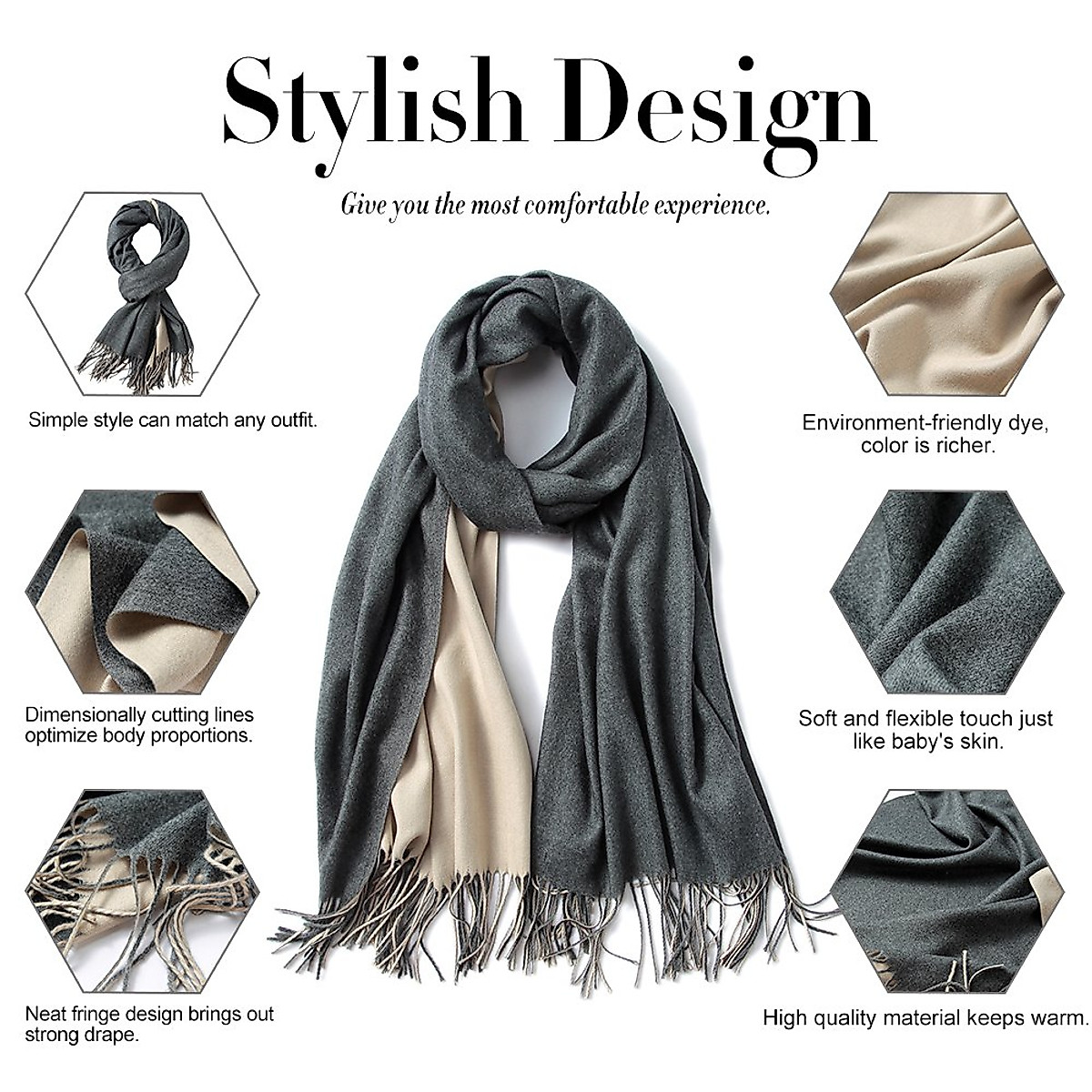 maamgic Women's Scarf Pashmina Shawls and Wraps for Evening Dresses Travel Office Winter Wedding Cashmere Feel Long Reversible Scarves Dark Grey and Cream