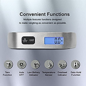 travel inspira Luggage Scale, Portable Digital Hanging Baggage Scale for Travel, Suitcase Weight Scale with Rubber Paint, 110 Pounds, Battery Included - Silver