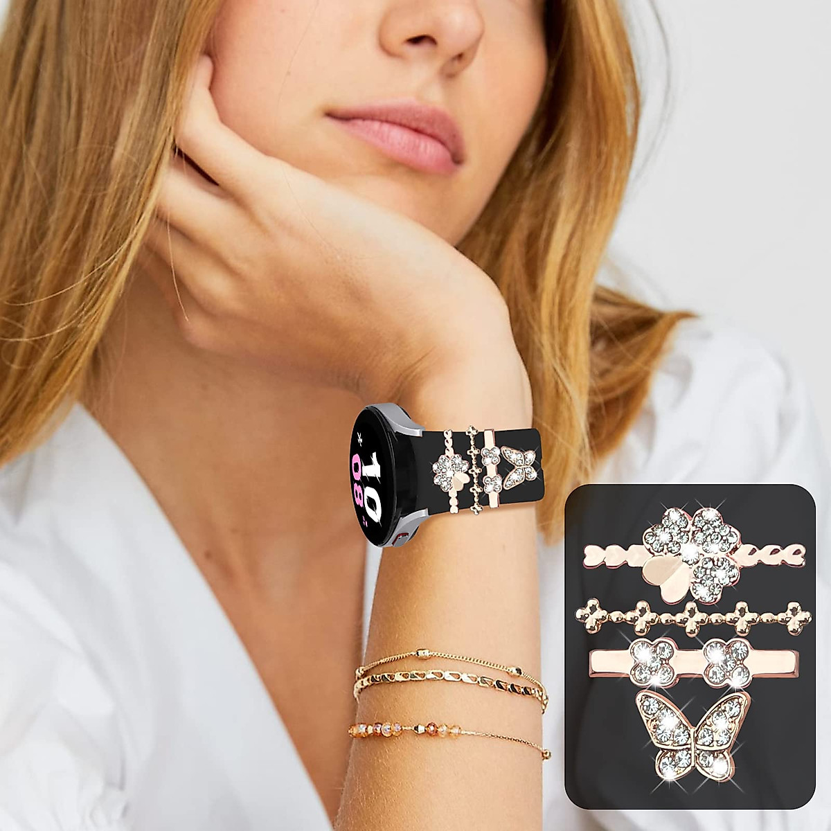 Kakurookie Band for Samsung Galaxy Watch 7 6 5 4 Band with Charms, Women Silicone Band with Metal Diamond Charms Accessories for Watch 6 Classic /Watch 5 Pro/Watch 4 Classic 47mm 46mm 44mm 43mm 42mm 40mm