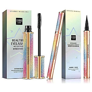 4d Silk Fiber Lash Mascara, SENANA MARINA Eyeliner & Mascara Set - Black Liquid Eyeliner Pencil/Waterproof Mascara - Sky High Mascara Black Volume and Length Lengthening No Clumping