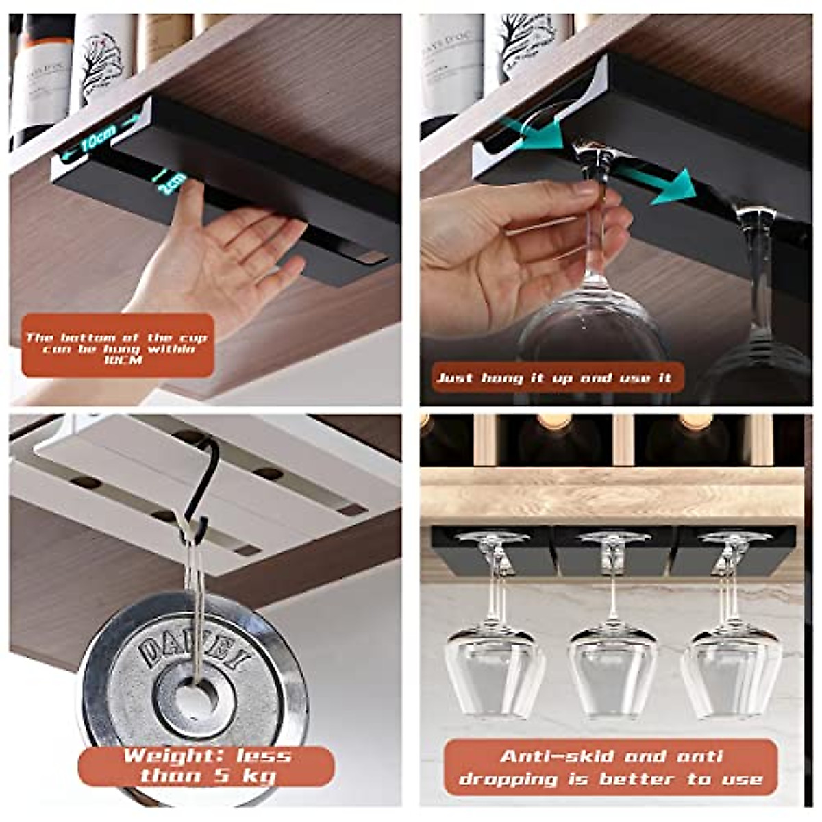 BTHLYES 2 Pack Wine Glass Rack - Punch-free Under Cabinet Stemware Wine Glass Holder Glasses Storage Hanger plastic Organizer for Bar Punch-free self-adhesive（Black）