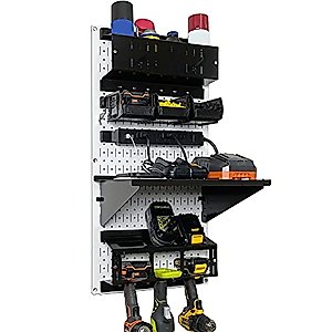 Wall Control Power Tool Storage Organizer Kit Cordless Drill Holder Charging Station Rack 16” x 32” Metal Pegboard Organization System (White Pegboard)