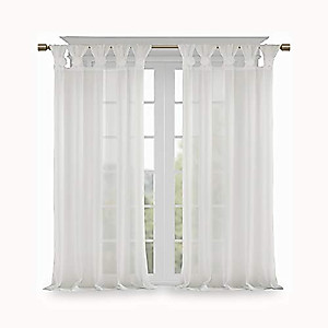 Madison Park Rosette Floral Embellished Cuff Tab Top Solid Window Treatments Single Curtain Panel Drape for Bedroom Living Room and Dorm, 50"x84", White