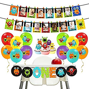 Monster 1st Birthday Decorations Kit - Monster Bash Photo Banner Balloons Cupcake Toppers for Little Monster Party Supplies