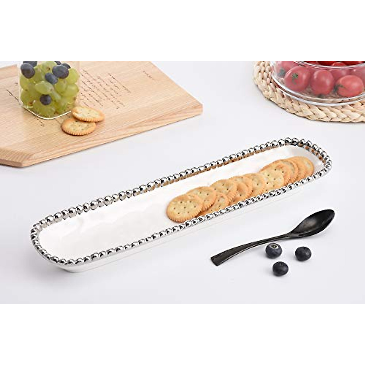Pampa Bay Porcelain Cracker Cheese and Charcuterie Tray (White and Silver)