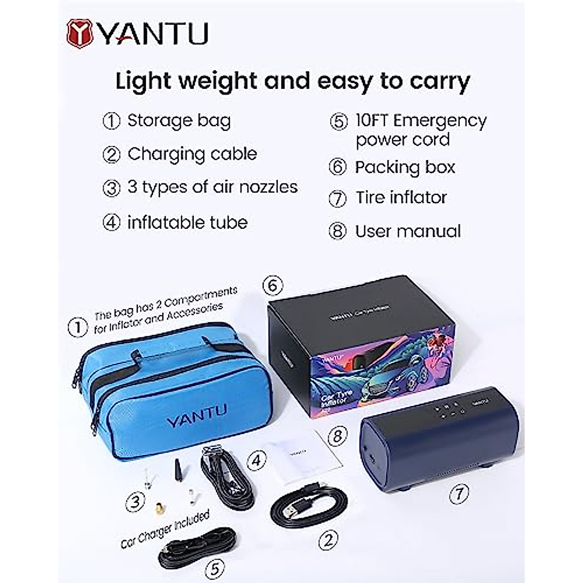 YANTU Cordless Tire Inflator Portable Air Compressor,12V Tire Pump Battery Powered, Dual Cylinder 2X Inflation, Air Pump for Inflatables with 8.3Inch Digital Large Screen for Off-Road/SUV/Pickup