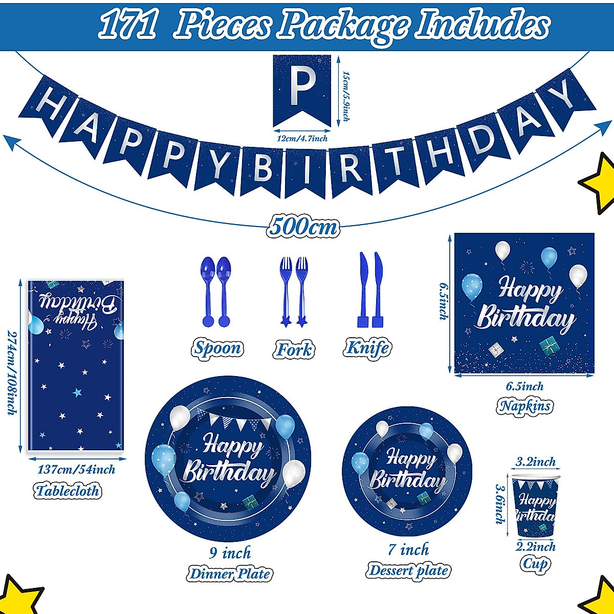 171 Pieces Happy Birthday Party Tableware Set Birthday Decoration Birthday Banner and Tablecloths Plates Cups Napkins Party Dinnerware for 24 Guests Party Supplies (Blue and Silver)