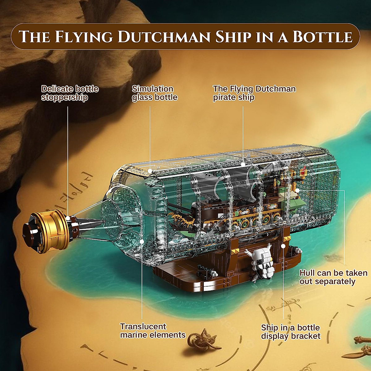 Mould King One Piece Ship in a Bottle Building Blocks Kits, MOC Queen Anne's Revenge Pirate Ship Model Building Sets, Gift for Kids Age 8+/Adults Collections Enthusiasts(2488+ Pieces)