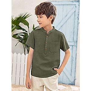 Inorin Boys Button Up Henley Shirt Short Sleeve Lightweight Summer Linen Cotton Dress Shirts Tees Tops with One Pocket Army Green