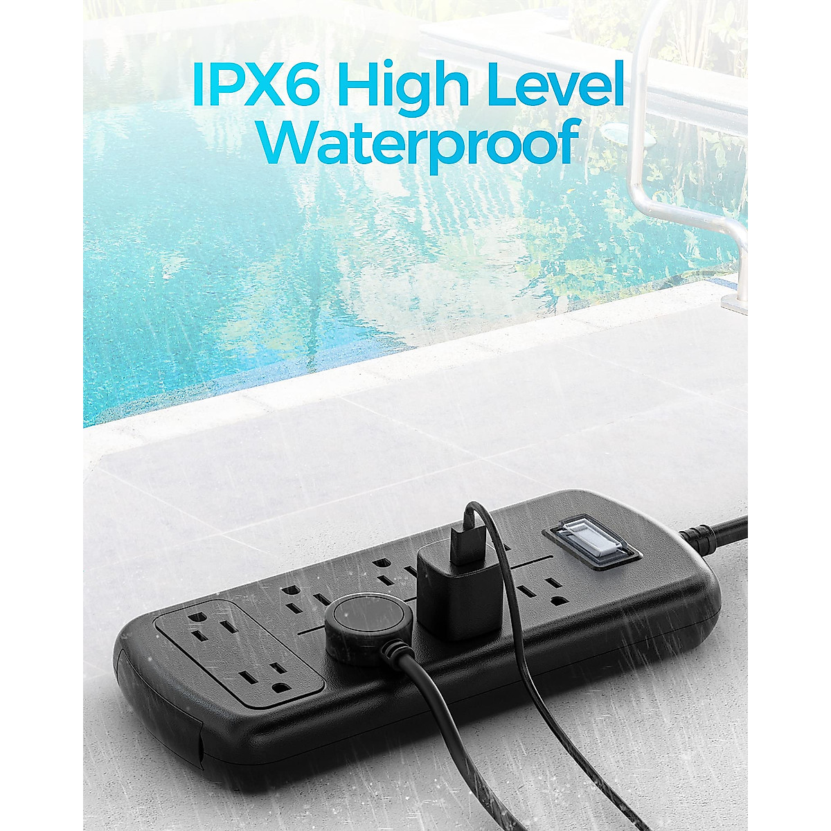 Outdoor Power Strip 8 Outlets, Weatherproof Surge Protector with 6 FT Extension Cord, IPX6 Waterproof, 1875W Overload Protection, Mountable Outlet Extender for Home Patio and Garden, Black